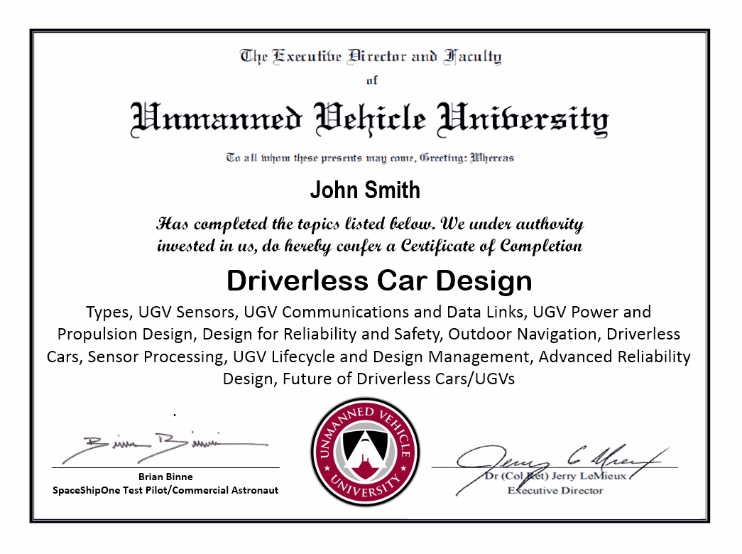 Driverless Car Design Certificate - Unmanned Vehicle University